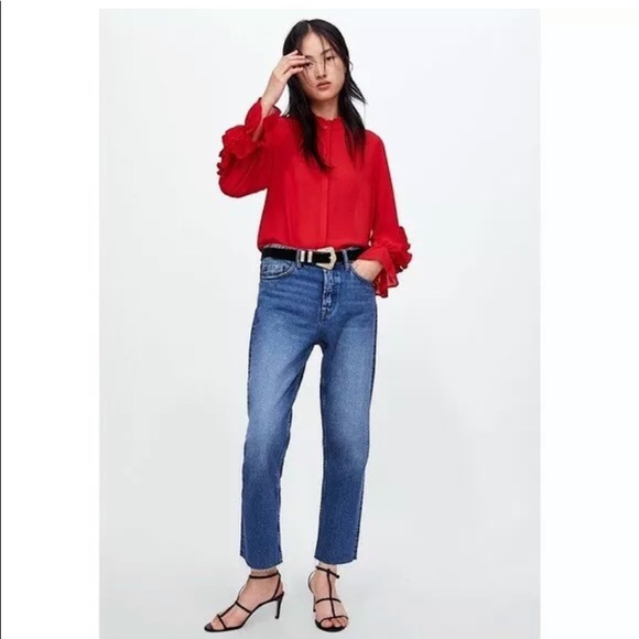 Zara | Tops | Zara Red Ruffle Sleeve Collar Blouse Sz Xs Nwt | Poshmark